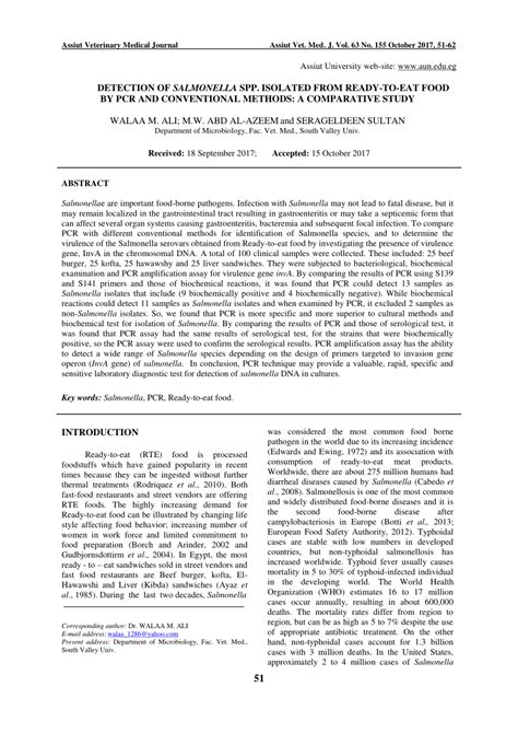 Pdf Detection Of Salmonella Spp Isolated From Ready To Eat Food By Pcr And Conventional