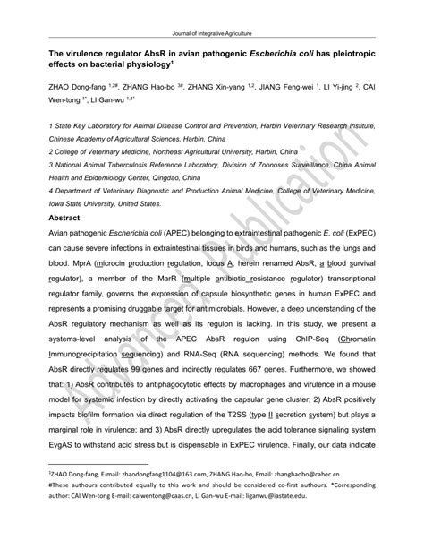 Pdf The Virulence Regulator Absr In Avian Pathogenic Escherichia Coli Has Pleiotropic Effects