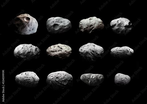 Foto De Collection Of Asteroids And Space Stones Asteroids Of Different Sizes And Shapes Foto De Collection Of Asteroids And Space Stones Asteroids Of Different Sizes And Shapes