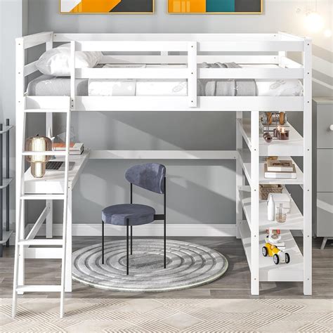 Buy Homsof Full Size Loft Bed With Shelves And Deskwooden Full Loft