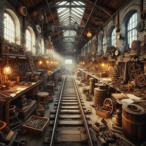 The Railway Workshop A Room Filled With Railway Equipment Tools Stock Illustration