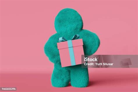 귀여운 청록색 예티 생일 선물 상자 3d 렌더링 캐릭터 분홍색 배경 얼굴 없는 화려한 털복숭이 빅풋 현대 창조적 인 최소한의 휴일 판매 디자인 현대 광고 배너 인사말