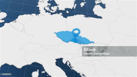 포인터 핀이 있는 파란색 체코 3d 지도는 흰색으로 다른 나라로 둘러싸여 있습니다 국경이 있는 유럽 정치 지도 3d 렌더링 일러스트레이션 3차원 형태에 대한 스톡 사진 및