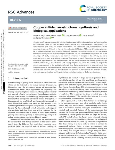 Pdf Copper Sulfide Nanostructures Synthesis And Biological Applications