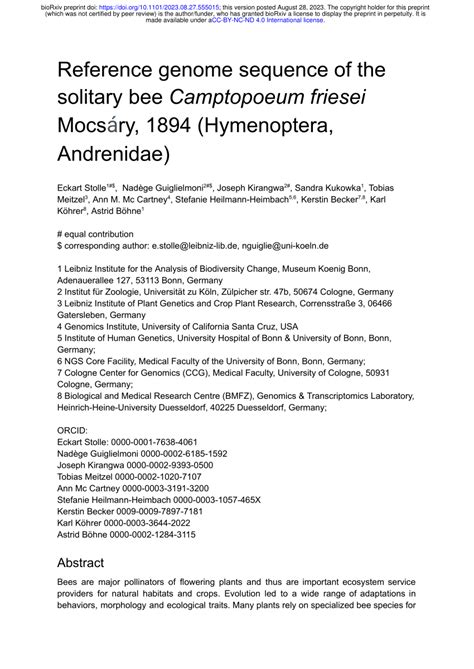 Pdf Reference Genome Sequence Of The Solitary Bee Camptopoeum Friesei Mocsáry 1894