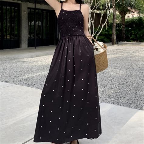 시크데이 블랙도트 바캉스 백트임 여름 홀터 뷔스티에 플레어 롱 원피스 나시 휴양지원피스