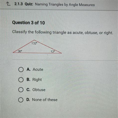 Classify The Following Triangle As Acute Obtuse Or Right Brainly
