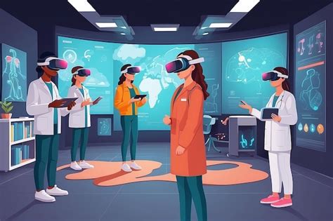 Endocrine System Study Students In Vr Simulations Flat Vector Scene