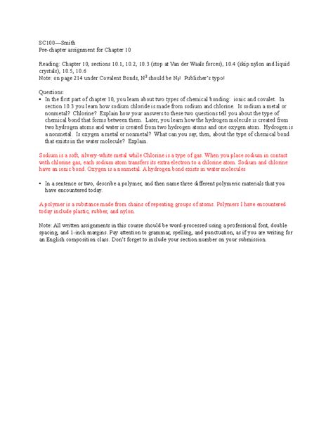 Chapter 10 Pre Chapter Assignment Sc100 Sc100—smith Pre Chapter