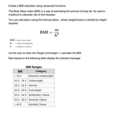 Solved Create A Bmi Calculator Using Javascript Functions