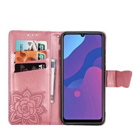 화웨이 명예 9a 나비 사랑 꽃 양각 수평 플립 가죽 케이스 포함 브라켓 카드 슬롯 지갑 매는 밧줄 핑크의 경우