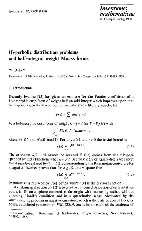Pdf Hyperbolic Distribution Problems And Half Integral Weight Maass Forms