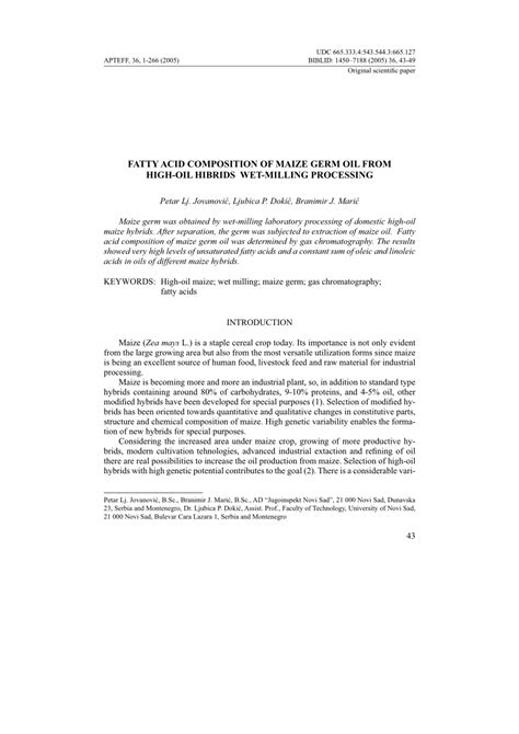 Pdf Fatty Acid Composition Of Maize Germ Oil From High Oil Hybrids Wet Milling Processing