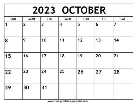 October 2023 Calendar Free Printable