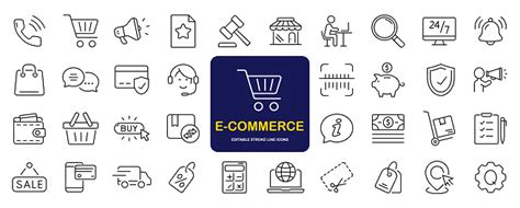 선 스타일의 웹 아이콘 전자 상거래 집합입니다 웹 및 모바일 앱에 대한 온라인 쇼핑 아이콘입니다 비즈니스 모바일 상점 디지털 마케팅 은행 카드 선물 판매 배달 벡터 그림