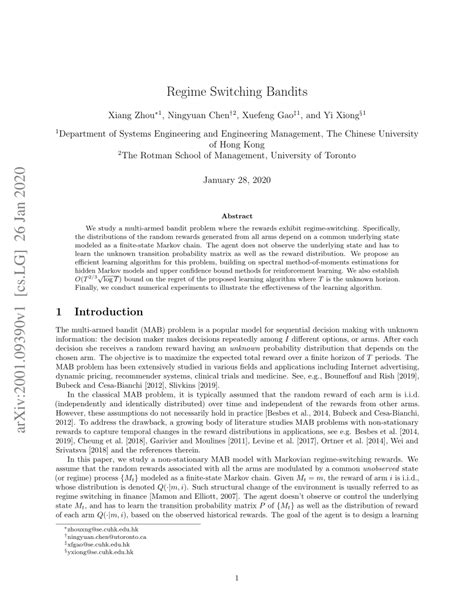 Pdf Regime Switching Bandits