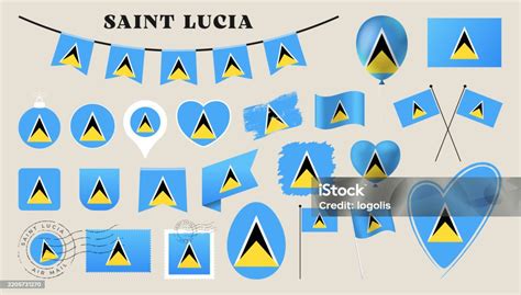 세인트 루시아 플래그 세트 심장 방패 부활절 달걀 위치 원 소인 그런 지 광장 원형 및 직사각형 벡터 일러스트 레이 션과 같은