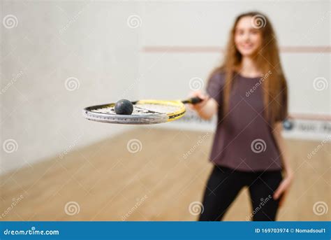 Female Person Shows Squash Racket And Ball Stock Photo Image Of Indoor Burn 169703974