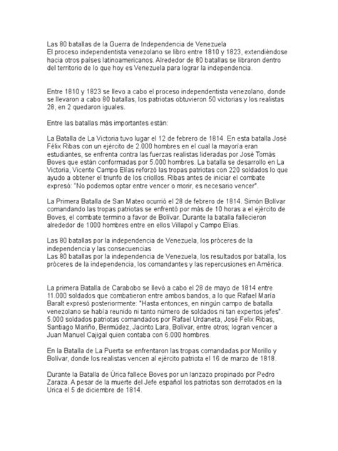 Las 80 Batallas De La Guerra De Independencia De Venezuela Pdf