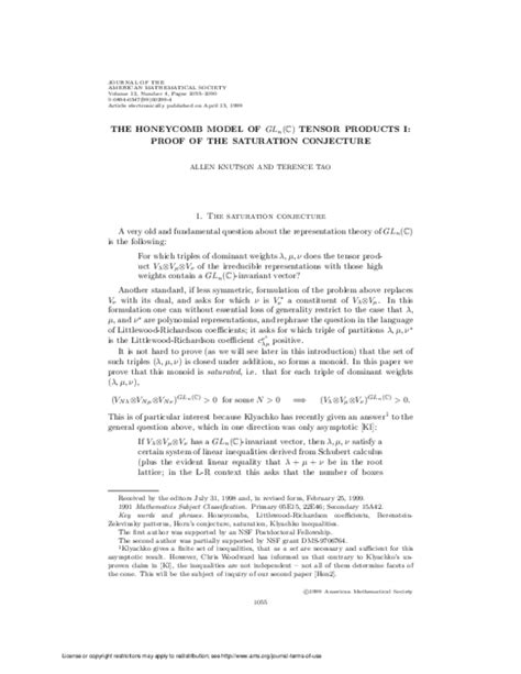 Pdf The Honeycomb Model Of Glnmathbb C Tensor Products I Proof Of The Saturation Conjecture
