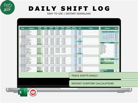 Daily Shift Log Template Track Work Hours Breaks And Overtime Excel Spreadsheet For Shift