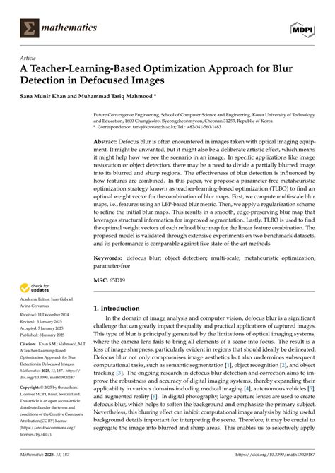 Pdf A Teacher Learning Based Optimization Approach For Blur Detection
