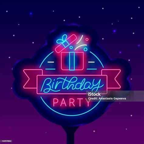 생일 파티 네온 거리 광고판 리본이 있는 원형 프레임의 반짝이는 글자 벡터 스톡 일러스트 간판에 대한 스톡 벡터 아트 및 기타 이미지 Istock