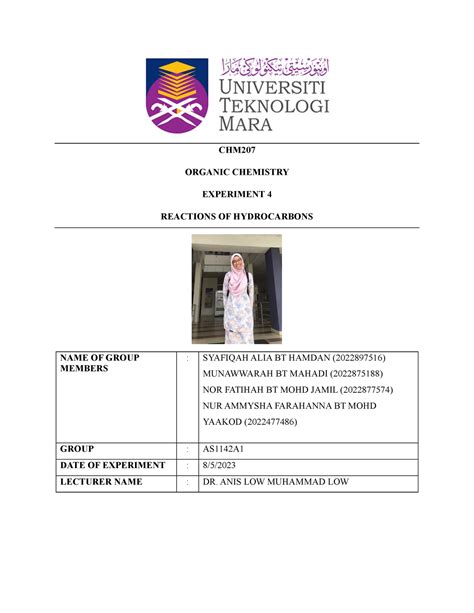 CHM LAB Report EXP CHM ORGANIC CHEMISTRY EXPERIMENT REACTIONS OF HYDROCARBONS NAME OF