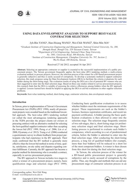 Pdf Using Data Envelopment Analysis To Support Best Value Contractor