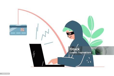 거짓말쟁이 와 인터넷 사기 와 남자 도둑 에 휴대용 퍼스널 컴퓨터 Phishing 훔치다 돈 에서 카드 벡터 일러스트 금융에 대한 스톡 벡터 아트 및 기타 이미지 Istock