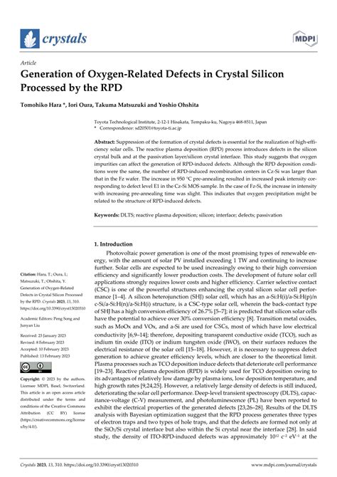 Pdf Generation Of Oxygen Related Defects In Crystal Silicon Processed By The Rpd