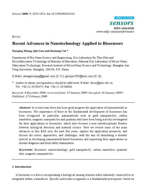 Recent Advances In Nanotechnology Applied To Biosensors Pdf Biosensor Nanotechnology