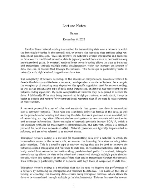 Coding 100 Random Network Coding And Triangular Network Coding Lecture Notes Names December