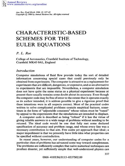 Characteristic Based Schemes For The Euler Equations P L Roe Pdf
