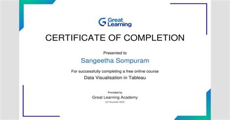 Data Visualisation In Tableau Course Completion Certificate For Sangeetha… Sangeetha Sompuram