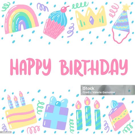 생일 축하합니다 케이크 양초 선물 무지개 및 손 글자와 생일을위한 귀여운 벡터 테두리 프레임 생일 카드 엽서 배너 포스터 선물용