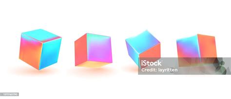 큐브 3d 렌더링 홀로그램의 그라데이션 홀로그램 색상 개체 기하학적 장식 디자인 요소 정사각형 블록을 설정합니다 흰색 배경에서 사실적으로 격리됩니다 벡터 일러스트레이션