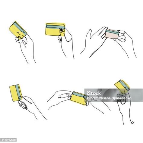 지갑으로 그린 한 줄 손을 설정합니다 은행 신용 카드 템플릿을 들고 손의 연속 한 줄 그리기 근접 촬영 흰색 배경에 고립된 벡터 일러스트 레이 션 신용 카드에 대한 스톡