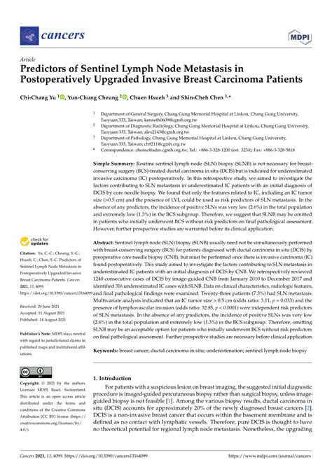 Pdf Predictors Of Sentinel Lymph Node Metastasis In Postoperatively Upgraded Invasive Breast