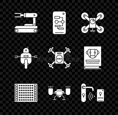 Set Robot Algorithm Drone Flying With Action Camera Printed Circuit Board Pcb Digital Door