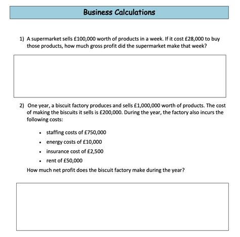 Business Calculations Worksheet Gcse 9 1 Business Teaching Resources