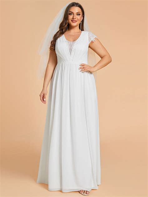 Plus Size V Neck And Short Sleeves Chiffon Wedding Dresses With