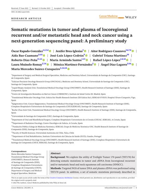 Pdf Somatic Mutations In Tumor And Plasma Of Locoregional Recurrent Andor Metastatic Head And