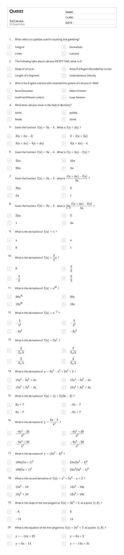 50 Integral Calculus Worksheets For 10th Grade On Quizizz Free And Printable