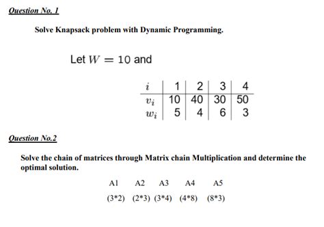 Solved Question No Solve Knapsack Problem With Dynamic Chegg