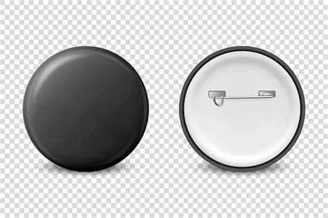 벡터 3d 현실적인 검은 금속 투명 한 배경에 격리 된 플라스틱 빈 버튼 배지 아이콘 설정 전면 및 후면 보기입니다 브랜딩 Id 로고 프리젠 테이션을위한 템플릿 모형 3차원