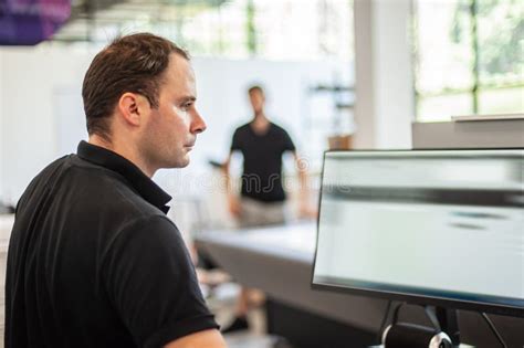 Operator Works On A Computer For Printer In Printing House Stock Image Image Of Printing