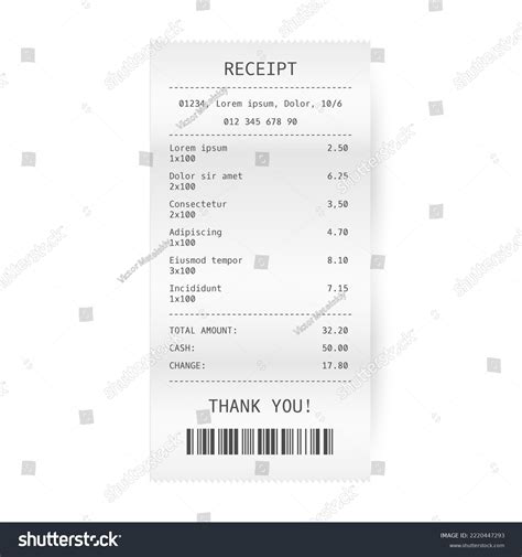 Receipt Bill Realistic Template Paper Payment Stock Illustration