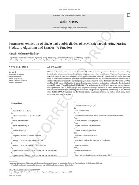 Pdf Parameters Extraction Of Single And Double Diodes Photovoltaic Models Using Marine