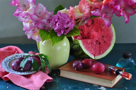 Red Watermelon And Bouquet Of Flowers Stock Image Image Of Leaf Life